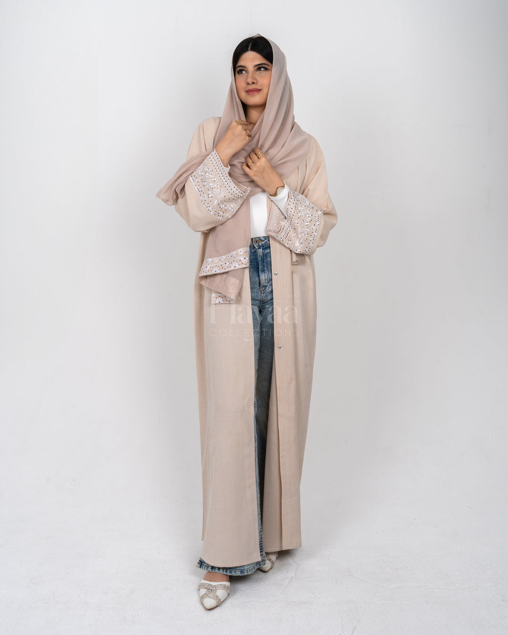 Lana Beige Floral Sleeve Pattern Embroidered Abaya